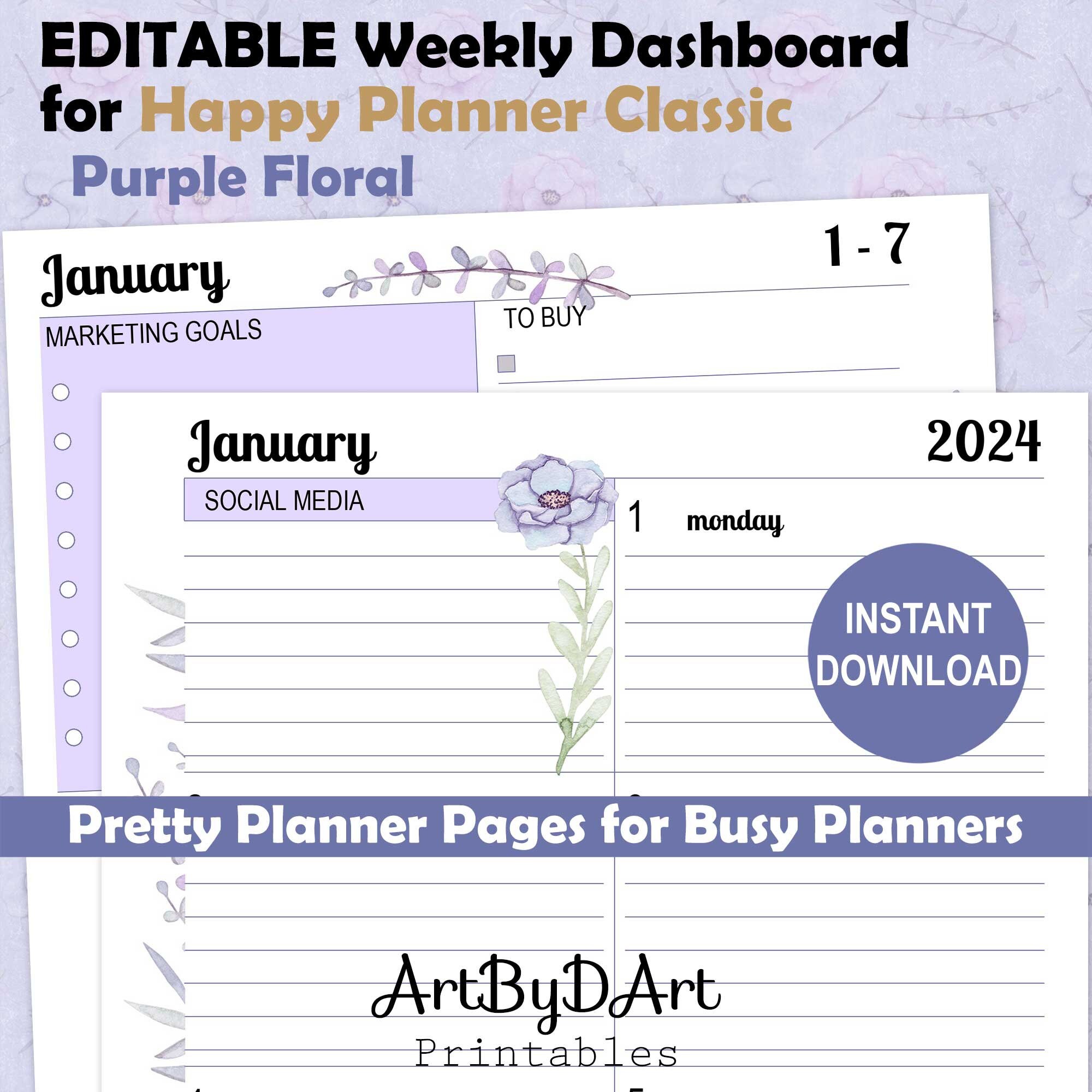 EDITABLE Happy Planner Classic Dashboard Weekly Layout, Purple Floral ...