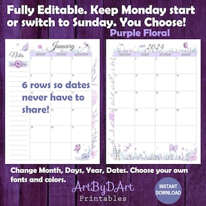 EDITABLE Floral Theme Printable Monthly Calendar for A5, US Letter, and ...