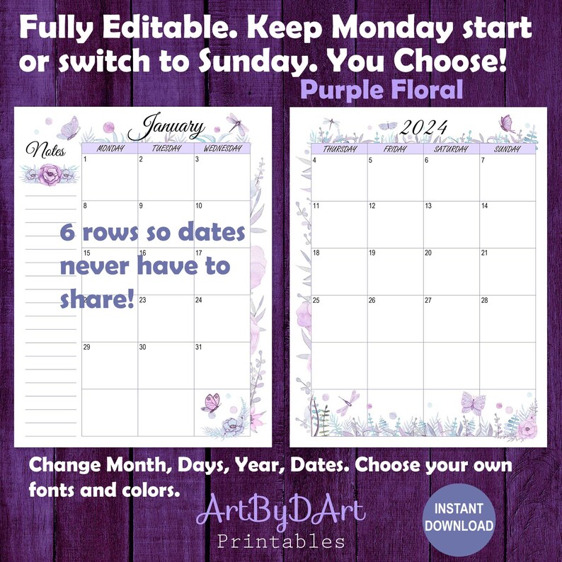 EDITABLE Floral Theme Printable Monthly Calendar for A5, US Letter, and ...