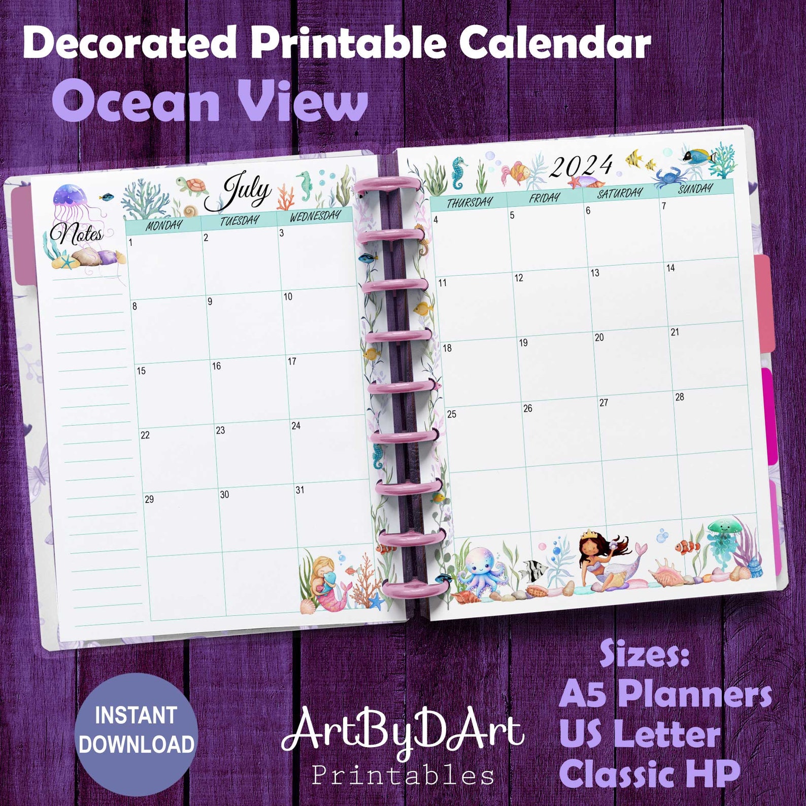 EDITABLE Mermaid Theme Printable Monthly Calendar for A5, US Letter ...