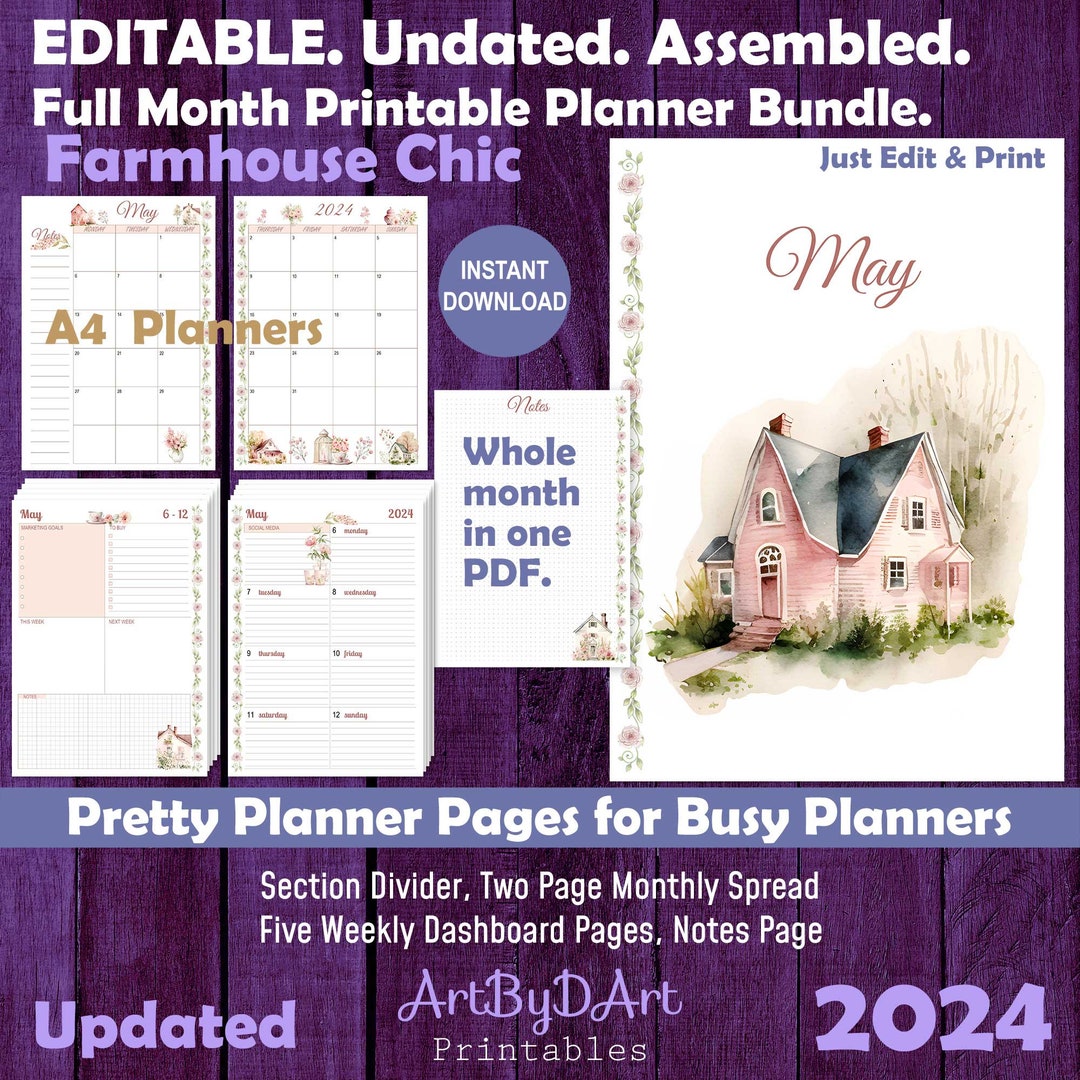 EDITABLE Assembled Full Month Planner Bundle for A4 Planners, Decorated ...