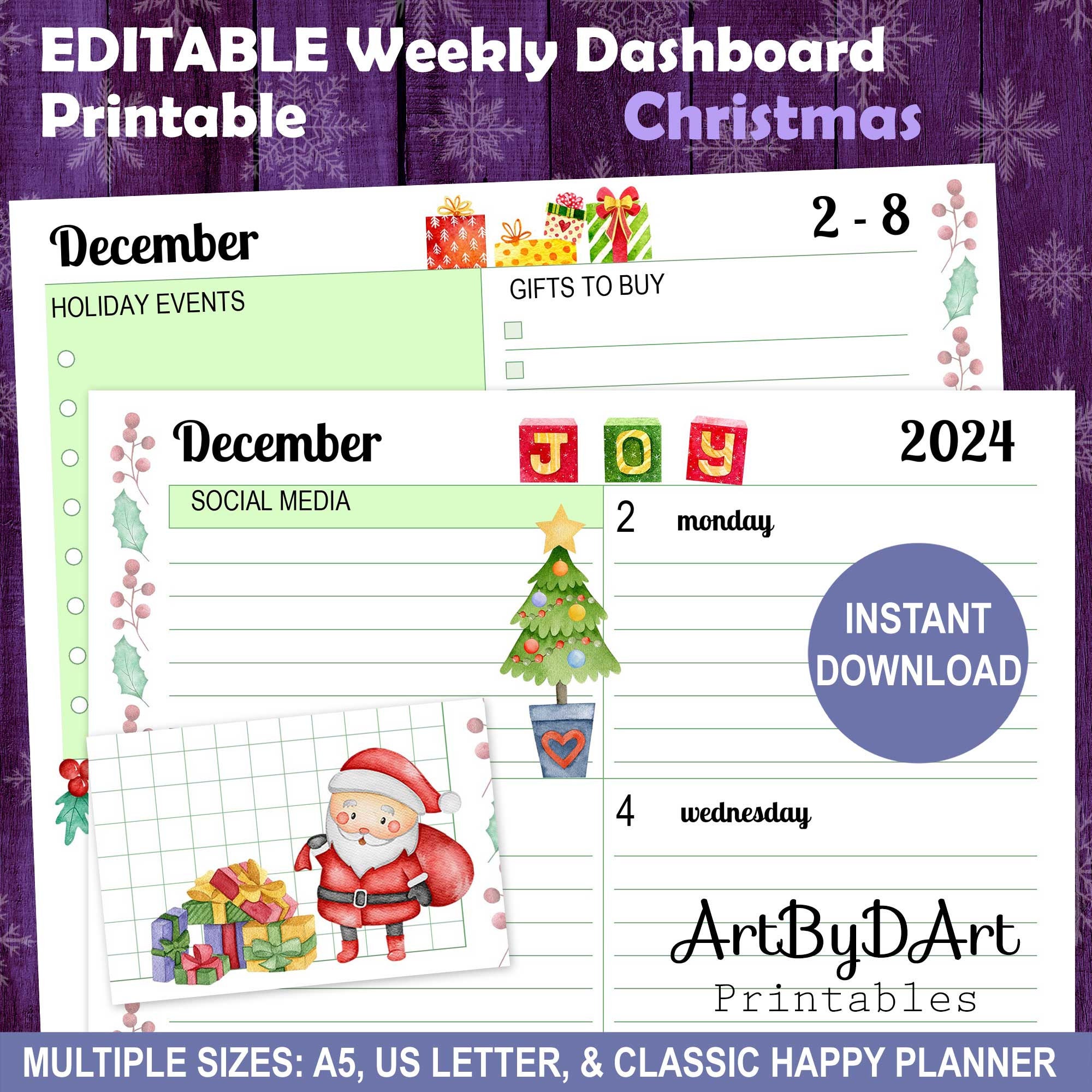 EDITABLE Festive Theme Printable Weekly Dashboard for A5, US Letter ...