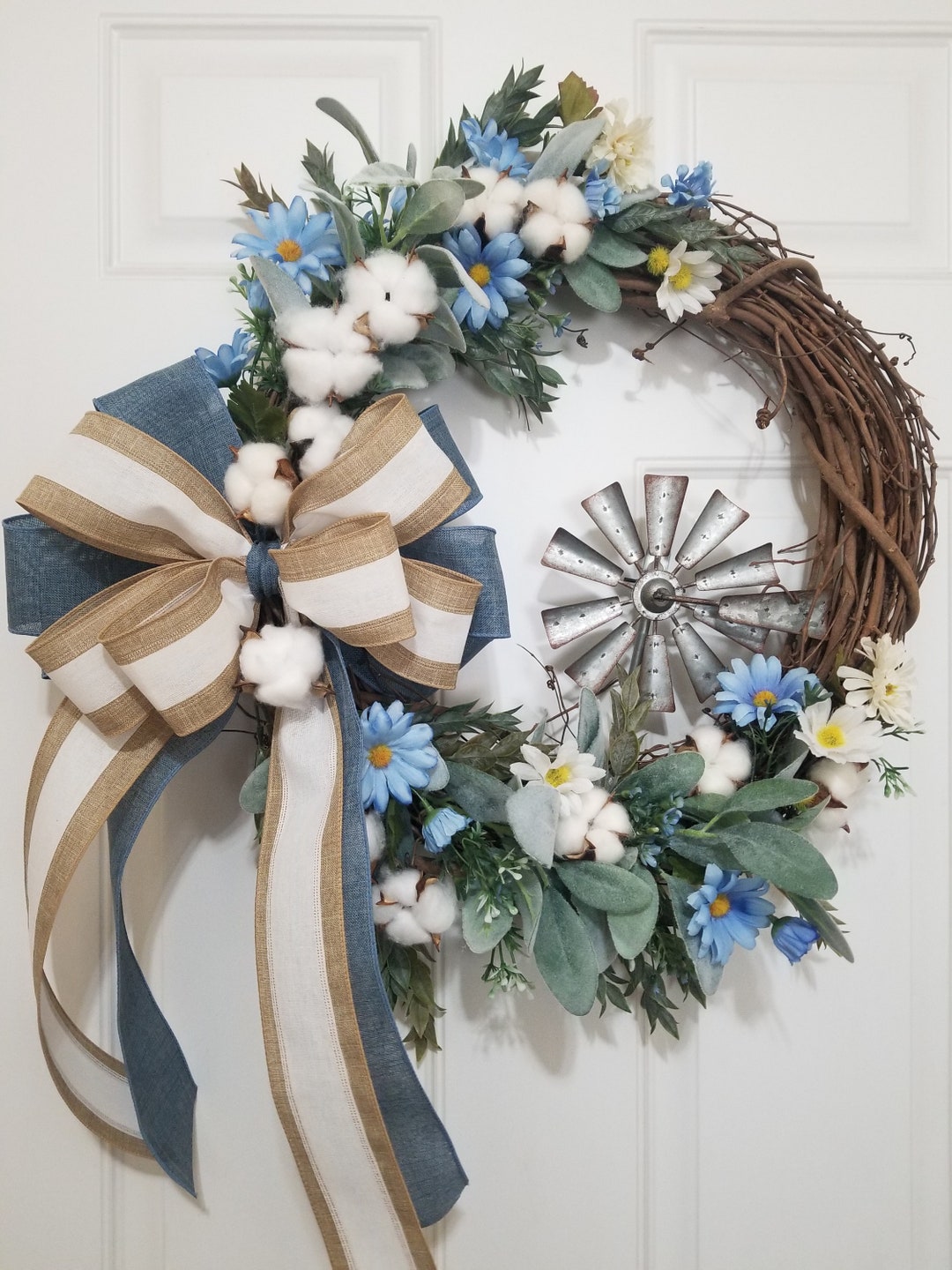 Easter, Country Farmhouse Wreath With Windmill, Wired Ribbon, Beautiful ...
