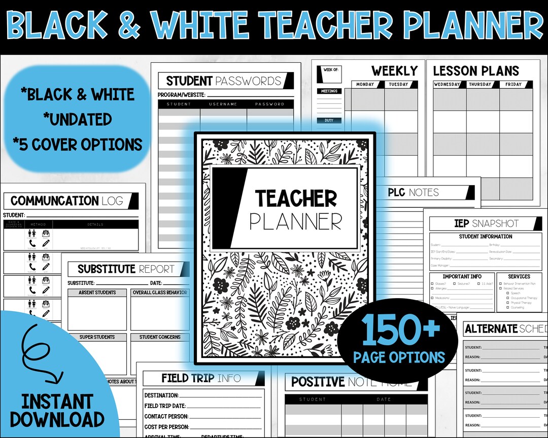 Teacher Planner Binder Black and White // Printable, Download, Insert ...