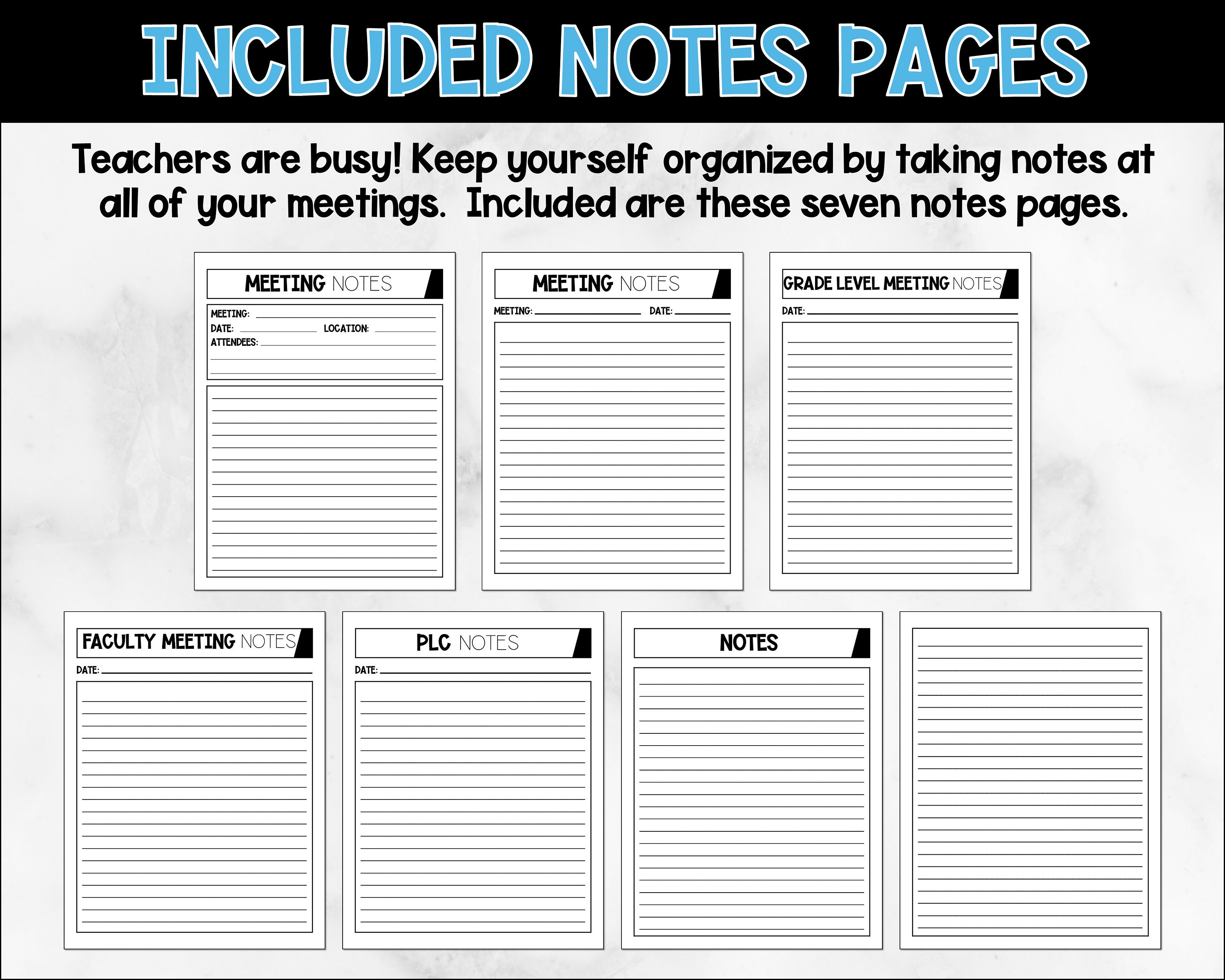 Teacher Meeting Notes Black and White // Printable, Download, Insert ...