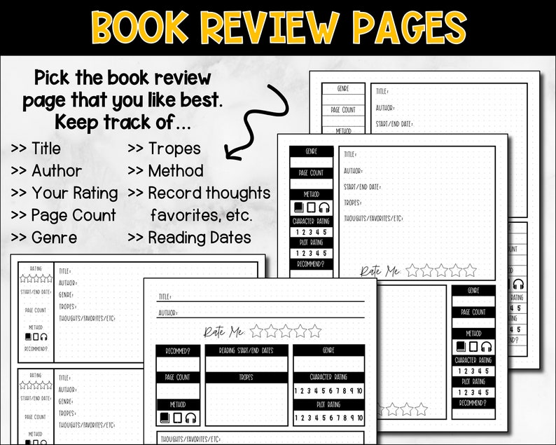 Book Review Pages for Reading Journal // Printable, Download, Dotted ...