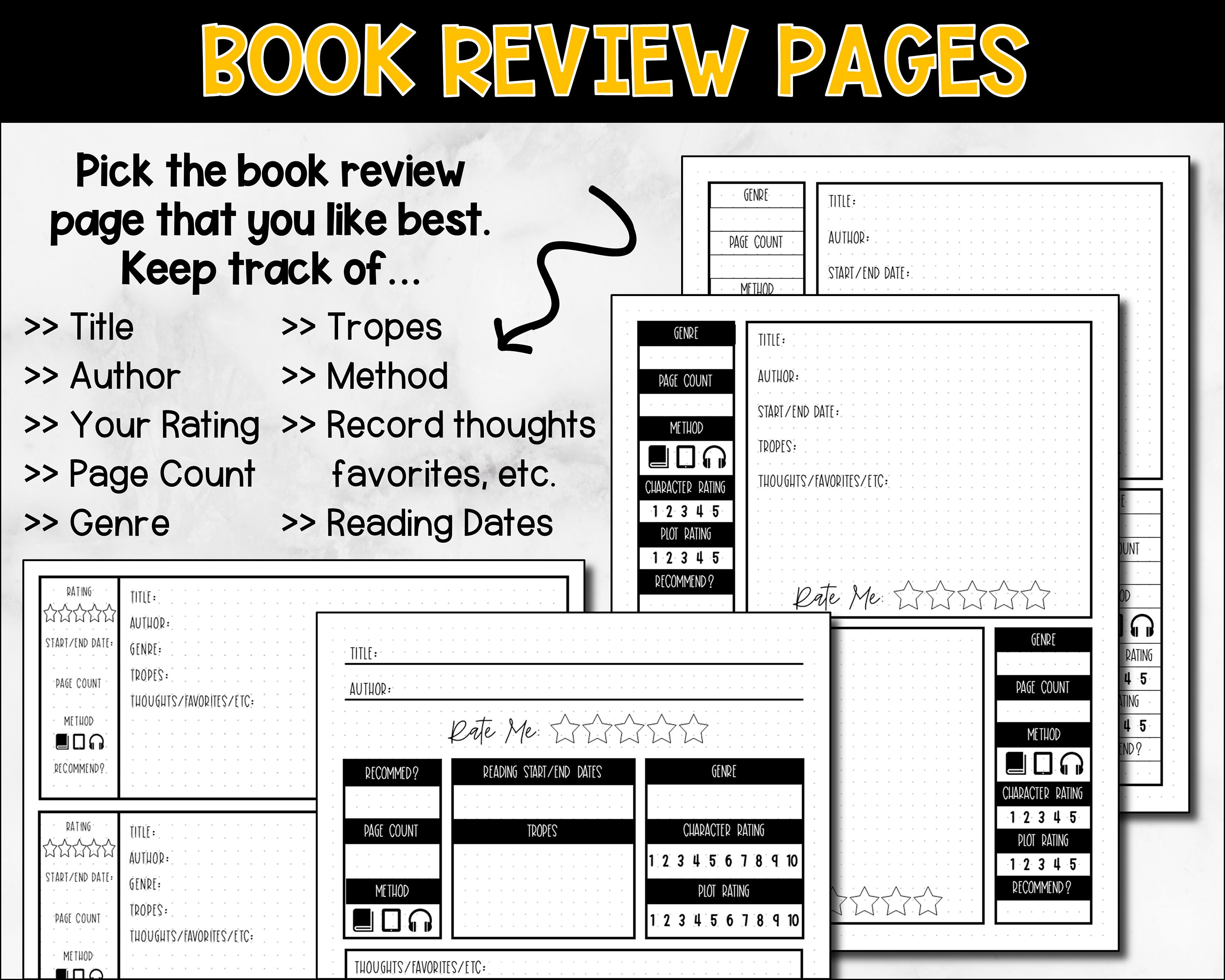 Book Review Pages for Reading Journal // Printable Download - Etsy