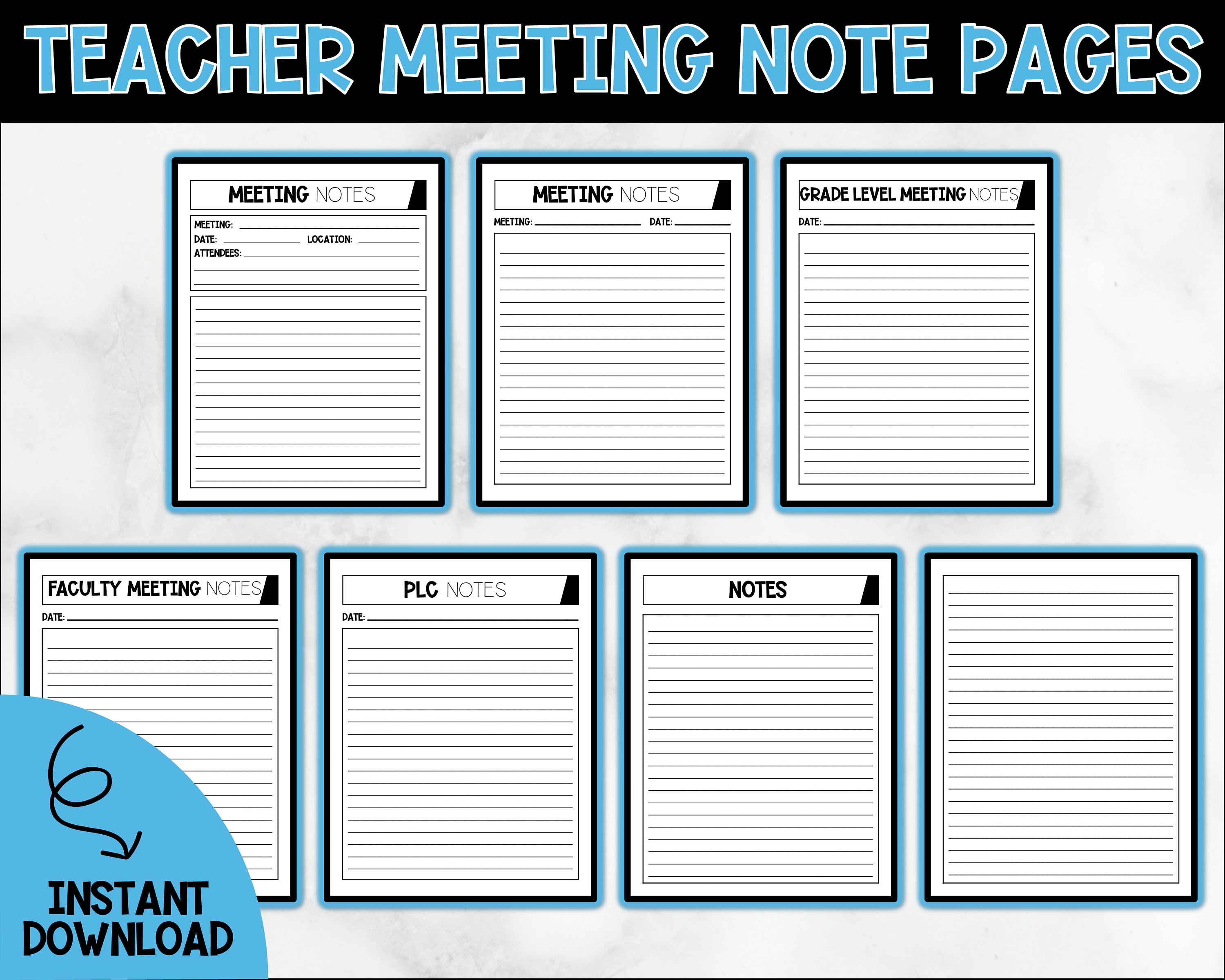 Teacher Meeting Notes Black and White // Printable, Download, Insert ...