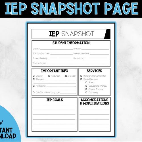 IEP Snapshot Summary Black and White // Special Education - Etsy