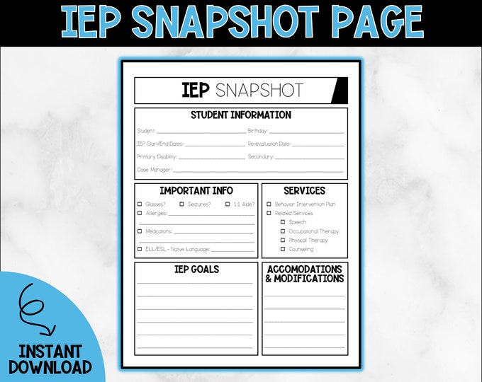 IEP Snapshot Summary Black and White // Special Education, Teacher ...