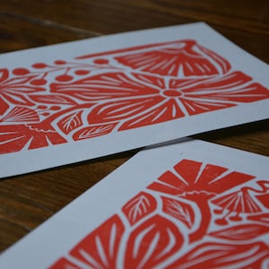 Linocut red Flowers Linoprint, A5, Pure White Paper - Etsy
