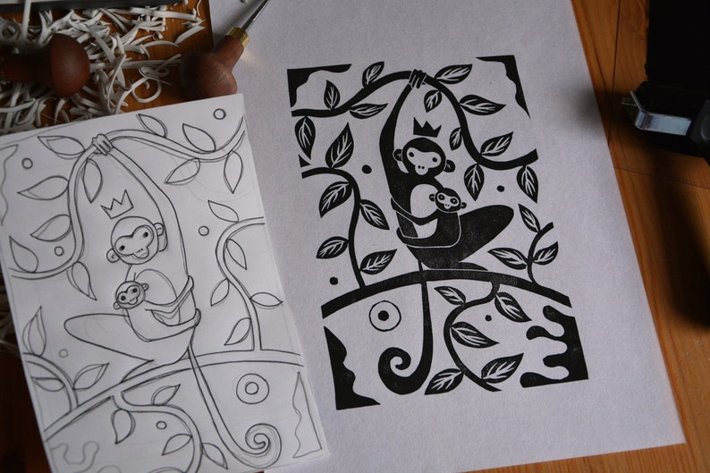 Linocut "monkey Mama" Linoprint - Etsy