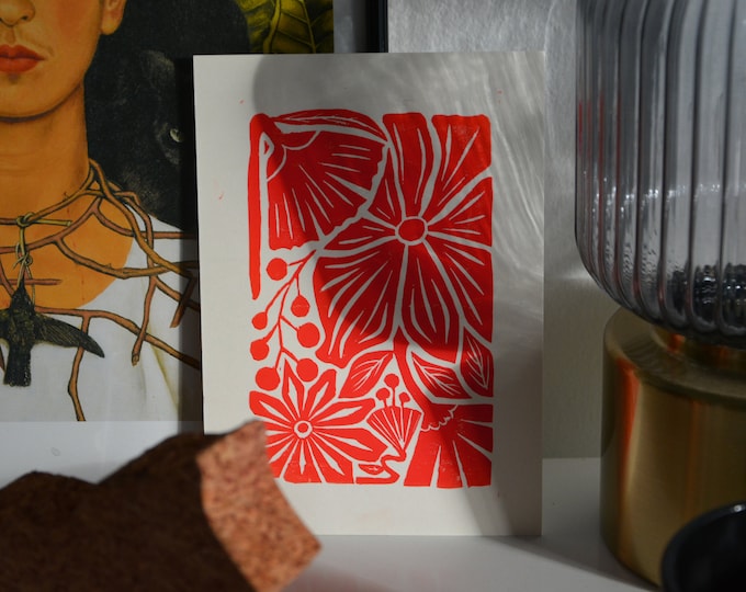 Linocut "red Flowers" Linoprint, A5, Pure White Paper - Etsy