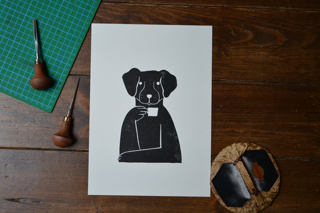Linocut "coffee Dog" Linocut - Etsy