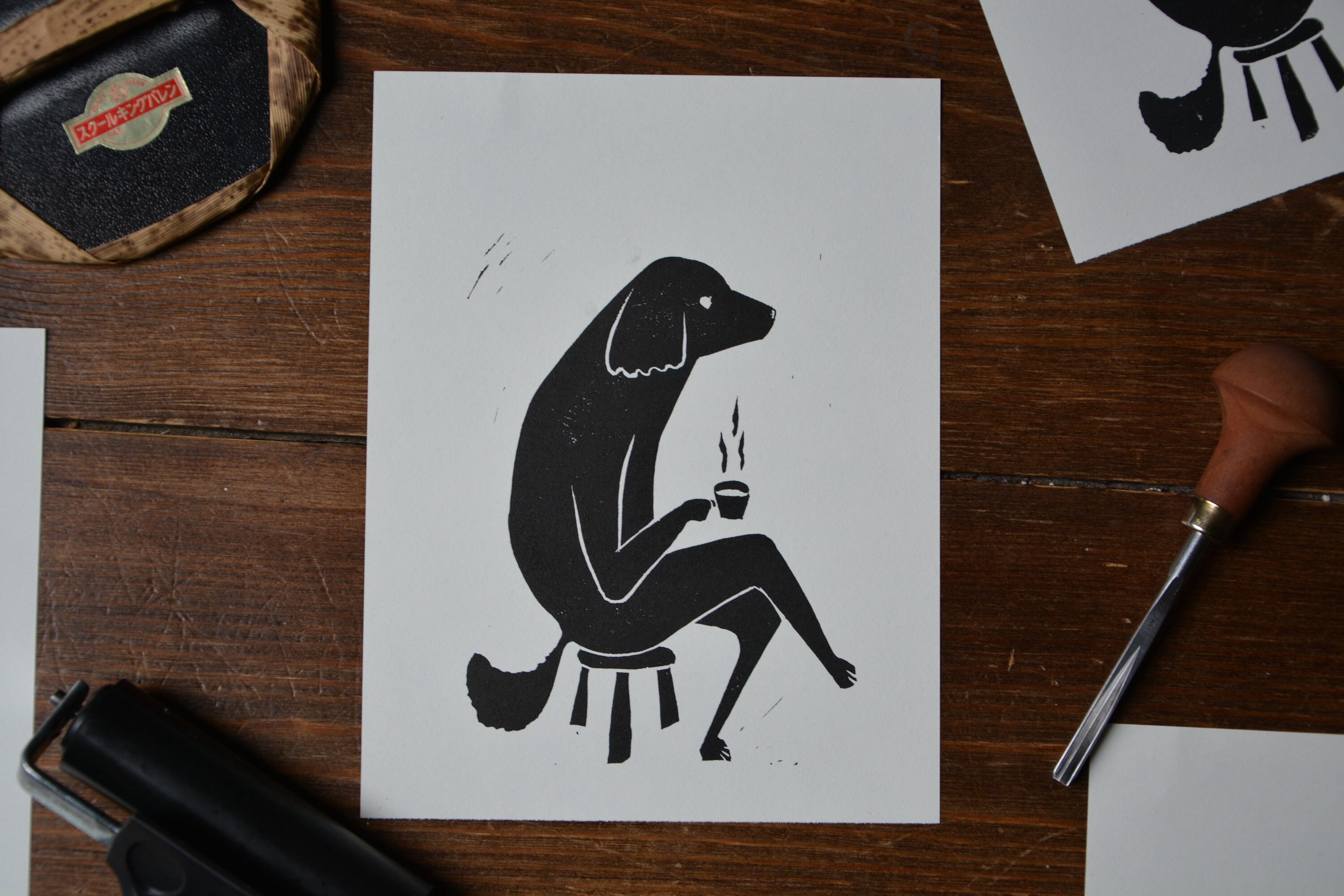 Linocut dog & Bean Linoprint - Etsy