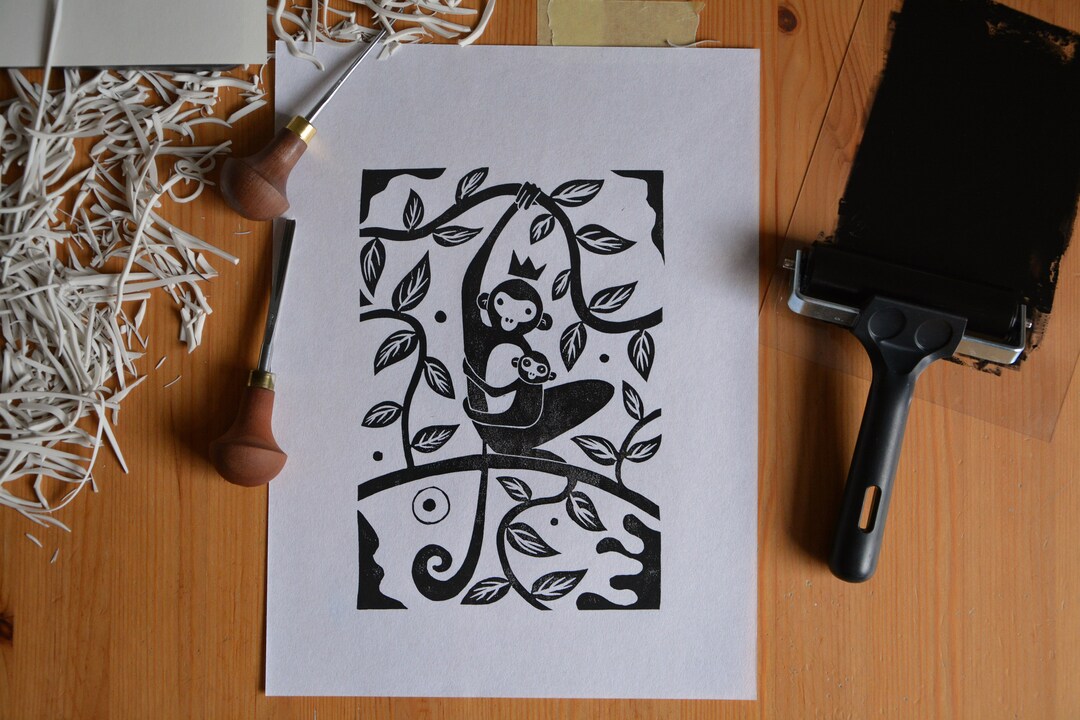 Linocut "monkey Mama" Linoprint - Etsy