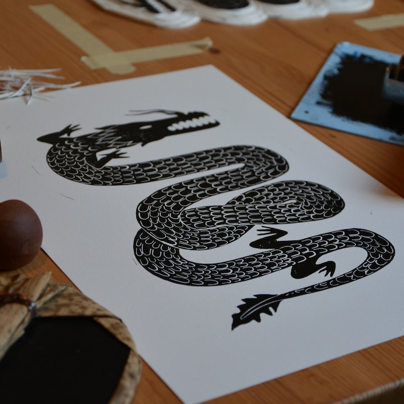 Linoprint Dragon - Etsy