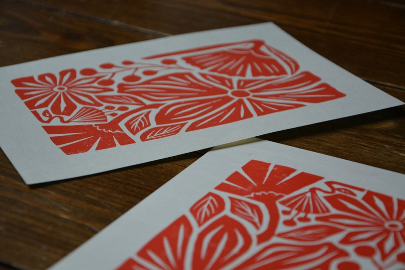 Linocut "red Flowers" Linoprint, A5, Pure White Paper - Etsy