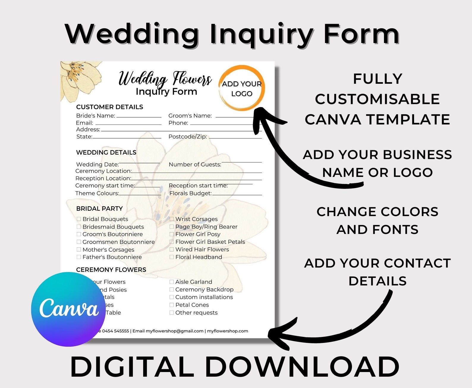 Florist Wedding Inquiry Form Template | Editable in Canva ...