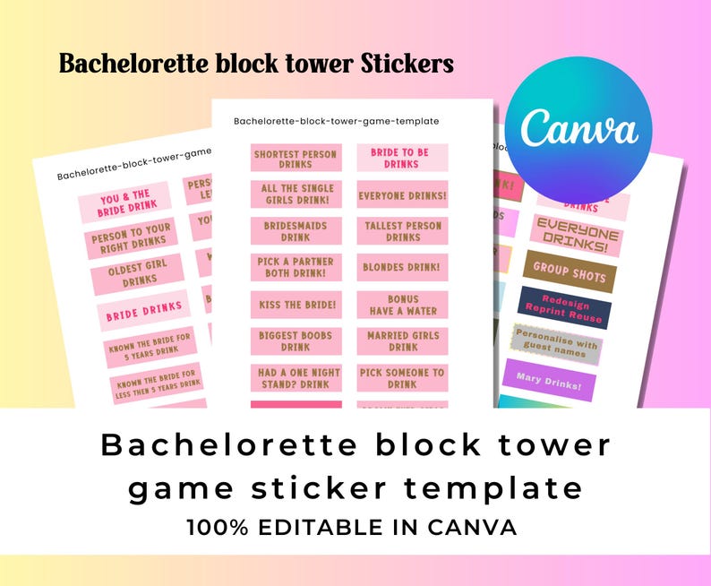 Bachelorette Drinking Game, Block Tower Stickers. Canva Template. 100% ...
