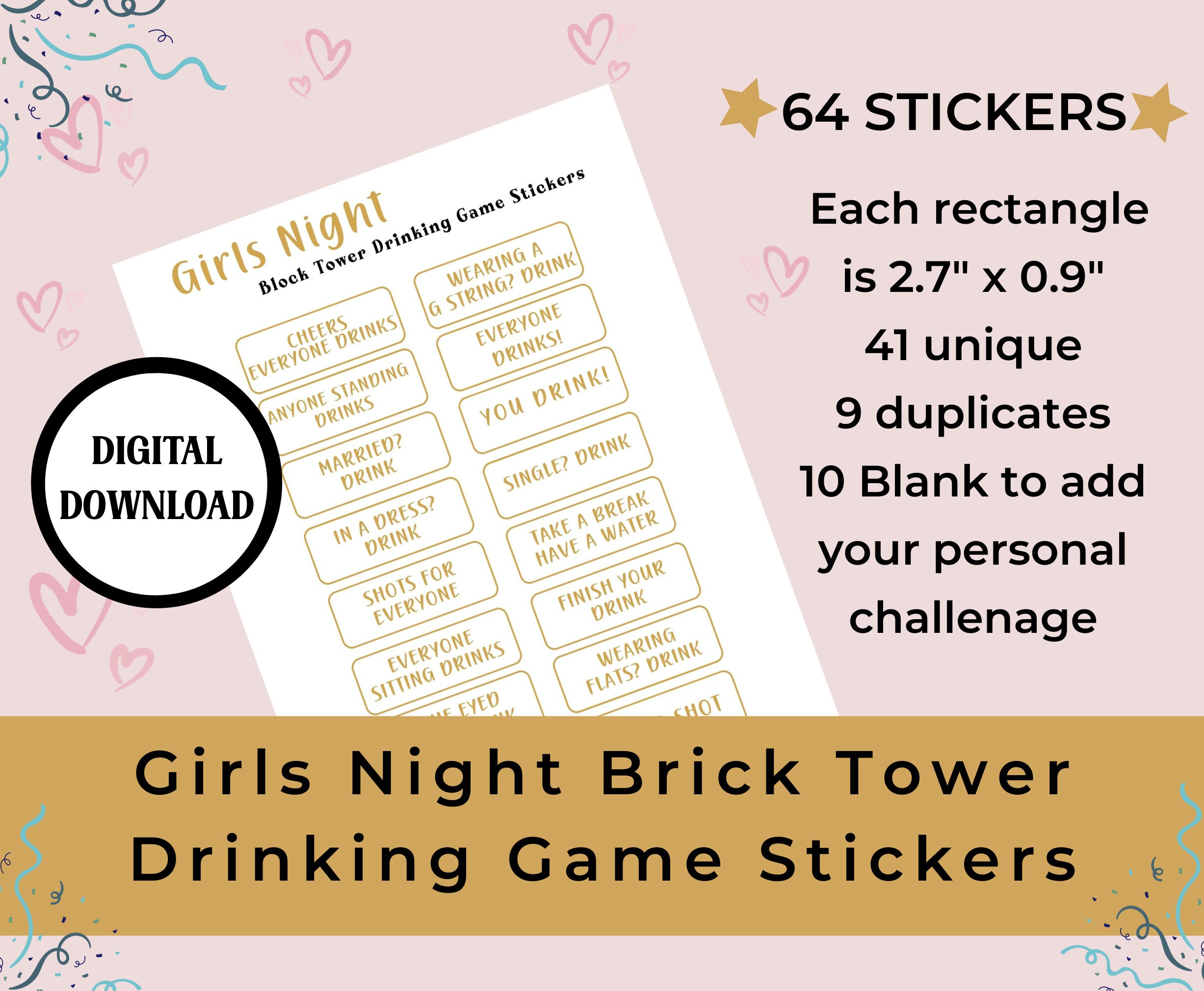Girls Night Drinking Game, Jenga Drinking Game, Gold Stickers for Girls ...