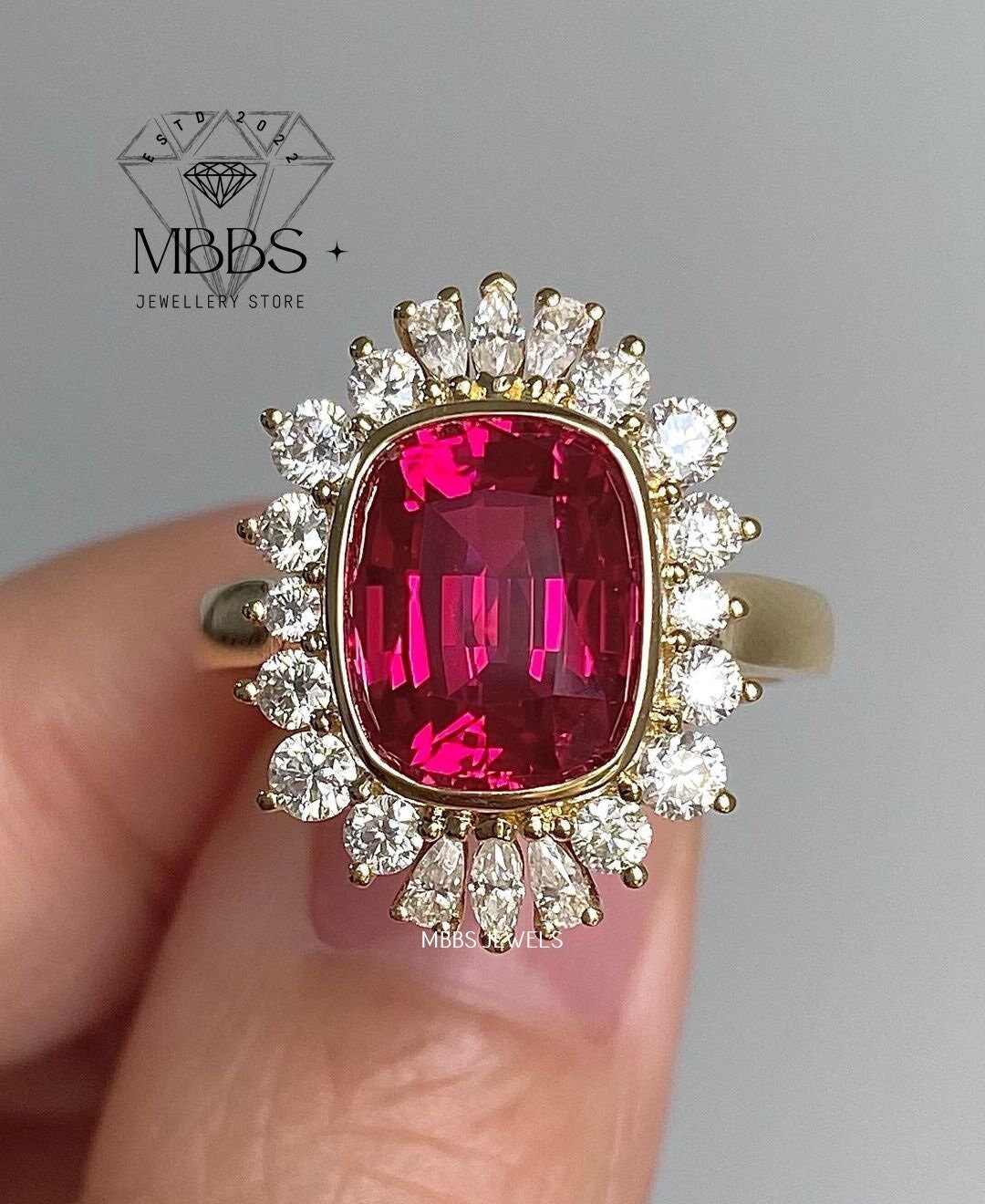 3 Ct Elongated Cushion Cut Ruby Simulated Engagement Ring 18K Gold Ring ...