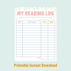 Printable Kids Reading Log for Home School Instant Download Book ...