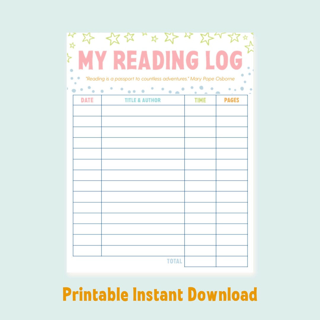 Printable Kids Reading Log for Home School Instant Download Book ...