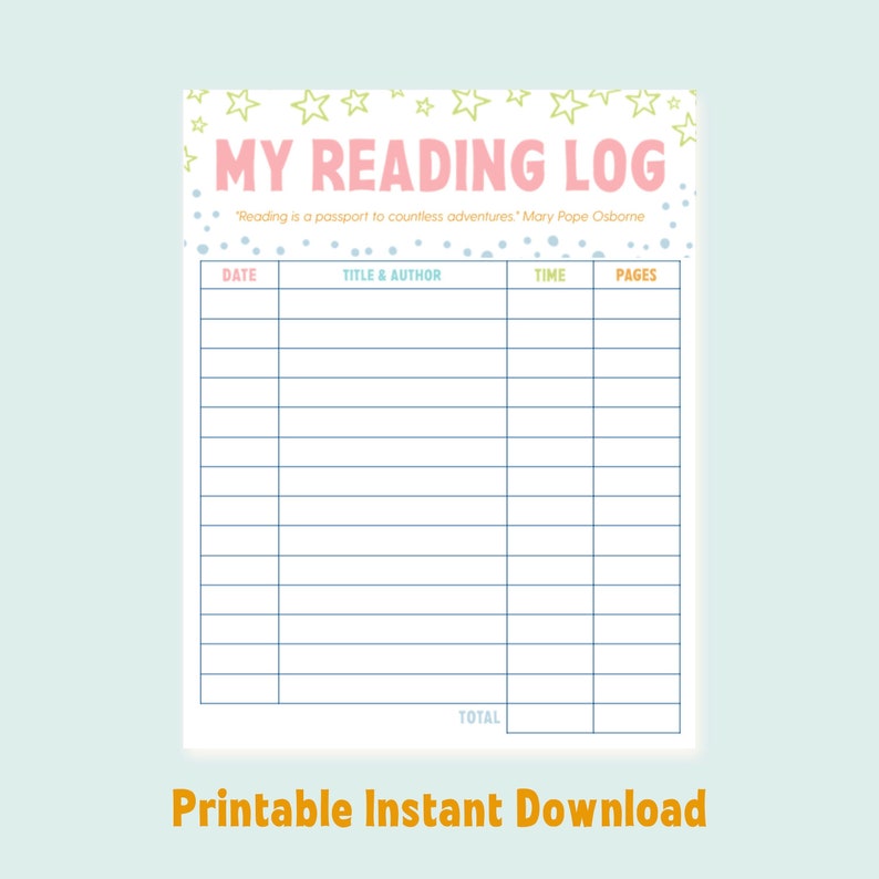 Printable Kids Reading Log for Home School Instant Download Book ...