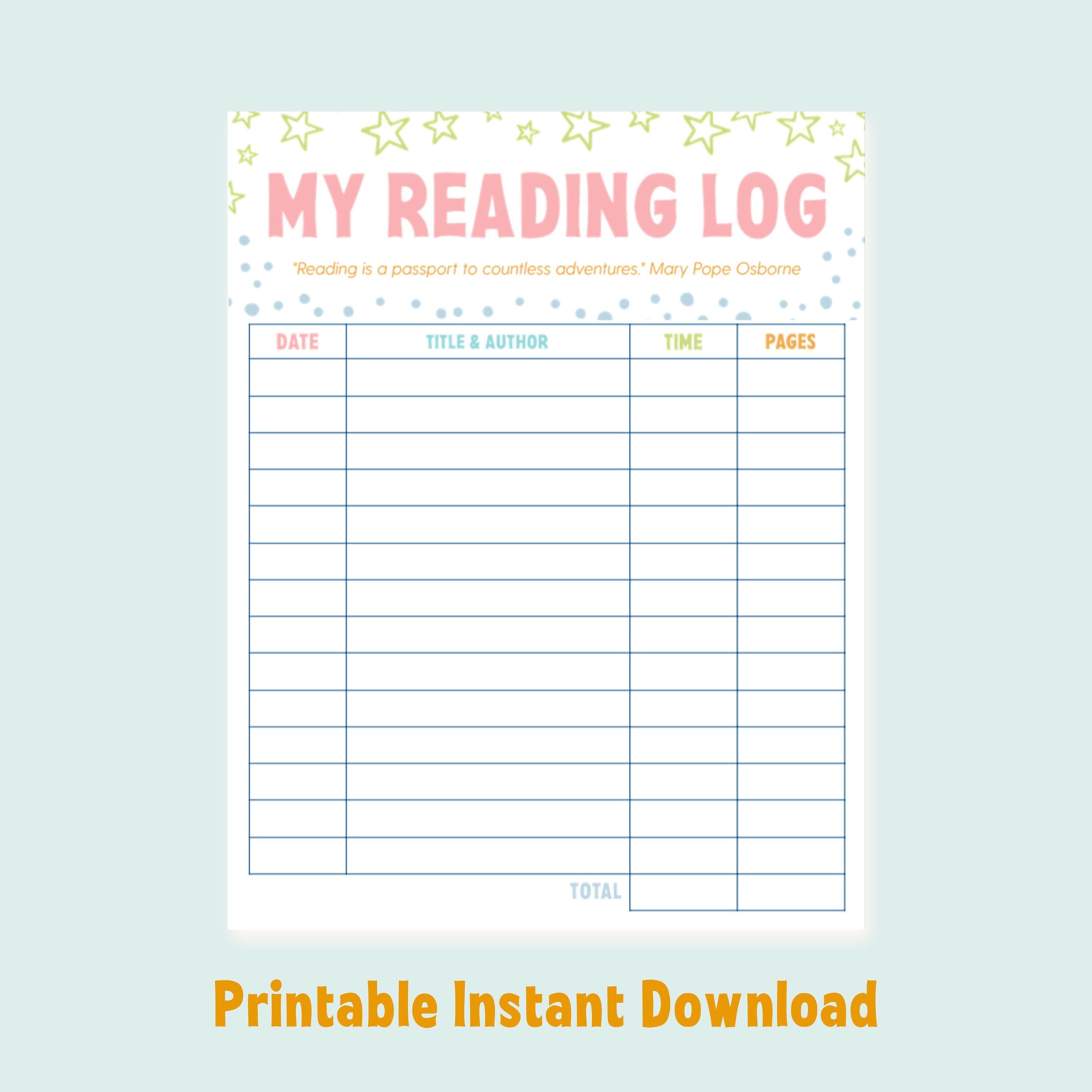 Printable Kids Reading Log for Home School Instant Download Book ...