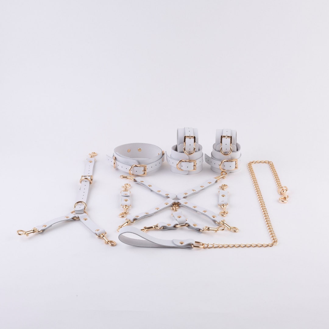 Bdsm Restraint Set Cowhide Leather Wrist Ankle Cuffs Collar Back Belt Restraint And Leash Two