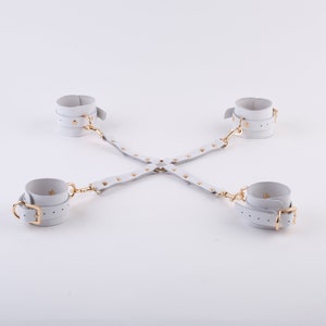 BDSM Restraint Set, Cowhide Leather Wrist, Ankle Cuffs Collar Back Belt ...