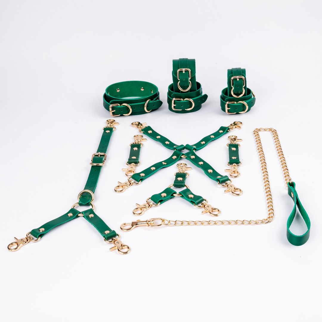 BDSM Restraint Set, Cowhide Leather Wrist, Ankle Cuffs Collar Back Belt ...