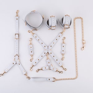 BDSM Restraint Set, Cowhide Leather Wrist, Ankle Cuffs Collar Back Belt ...