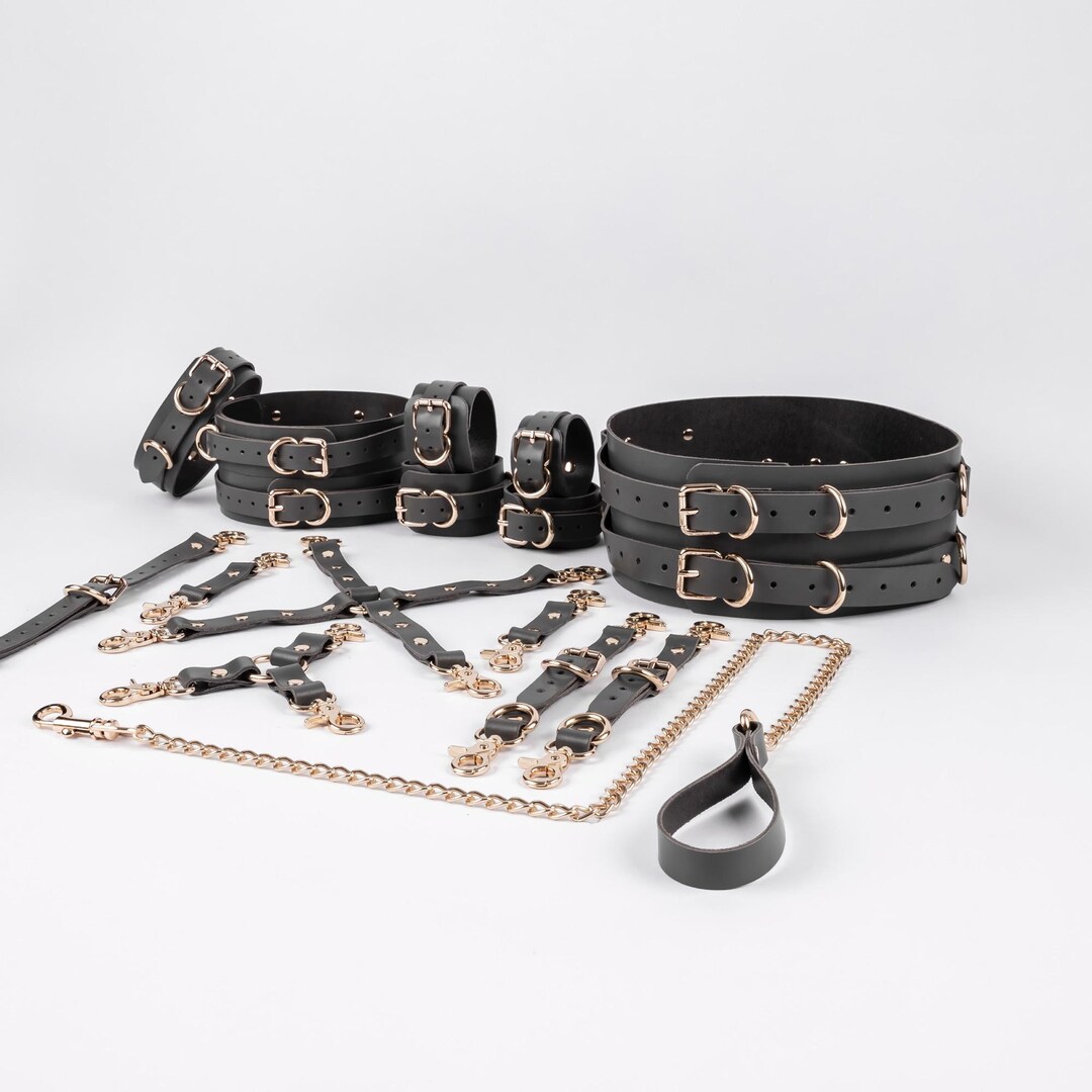 16 Piece – Italian Leather Bondage Restraint Set – Waist Belt, Thigh ...