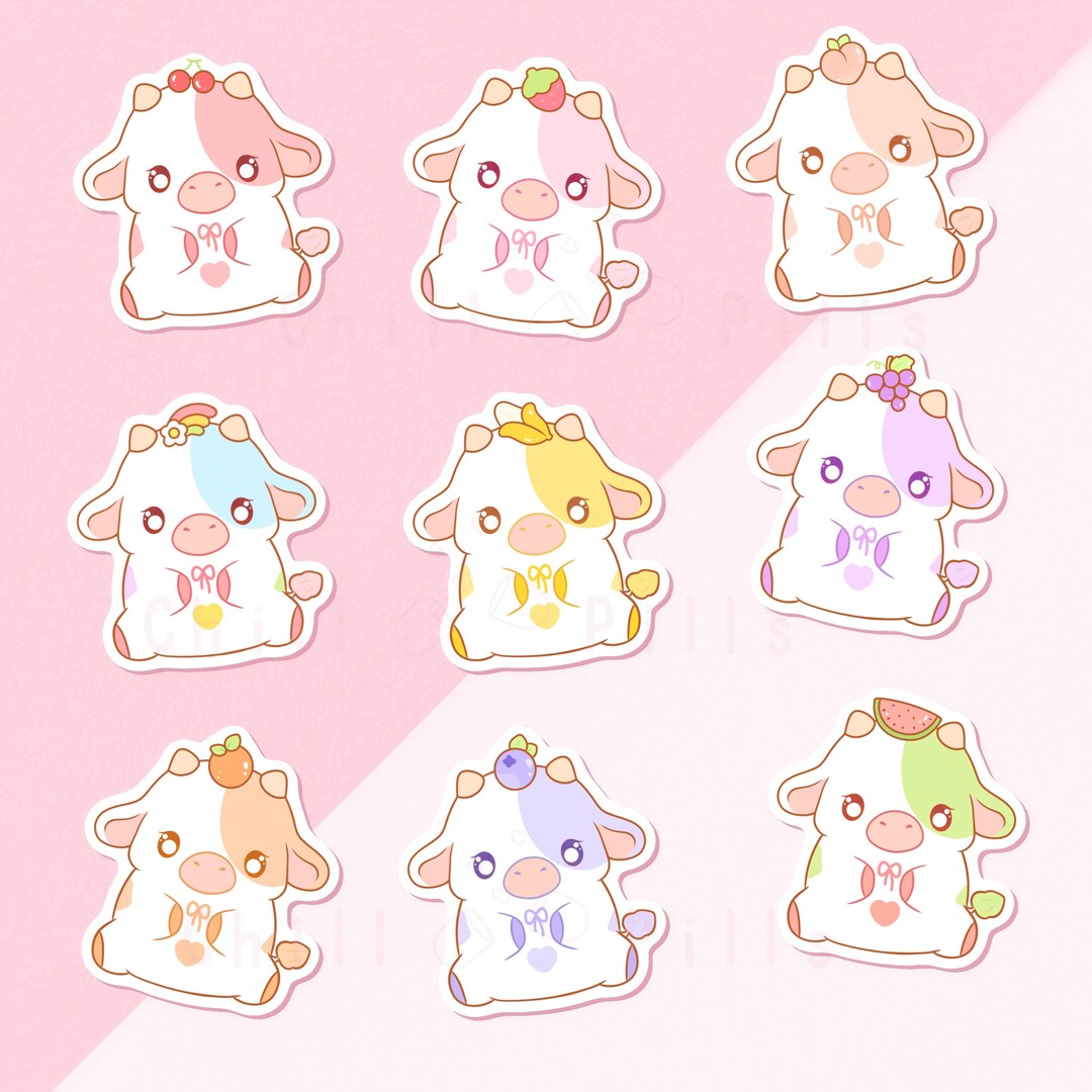 Cute Fruit Cows Sticker, Strawberry Cows Sticker, Pack of 9 Stickers ...