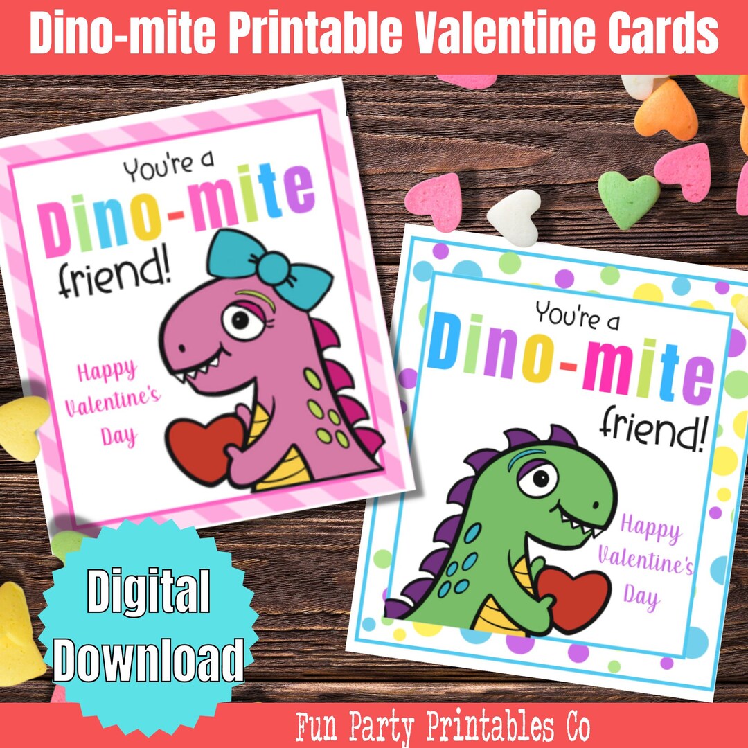 Dino-mite Dinosaur Valentine's Day Card, Kids Printable Valentine's Day ...