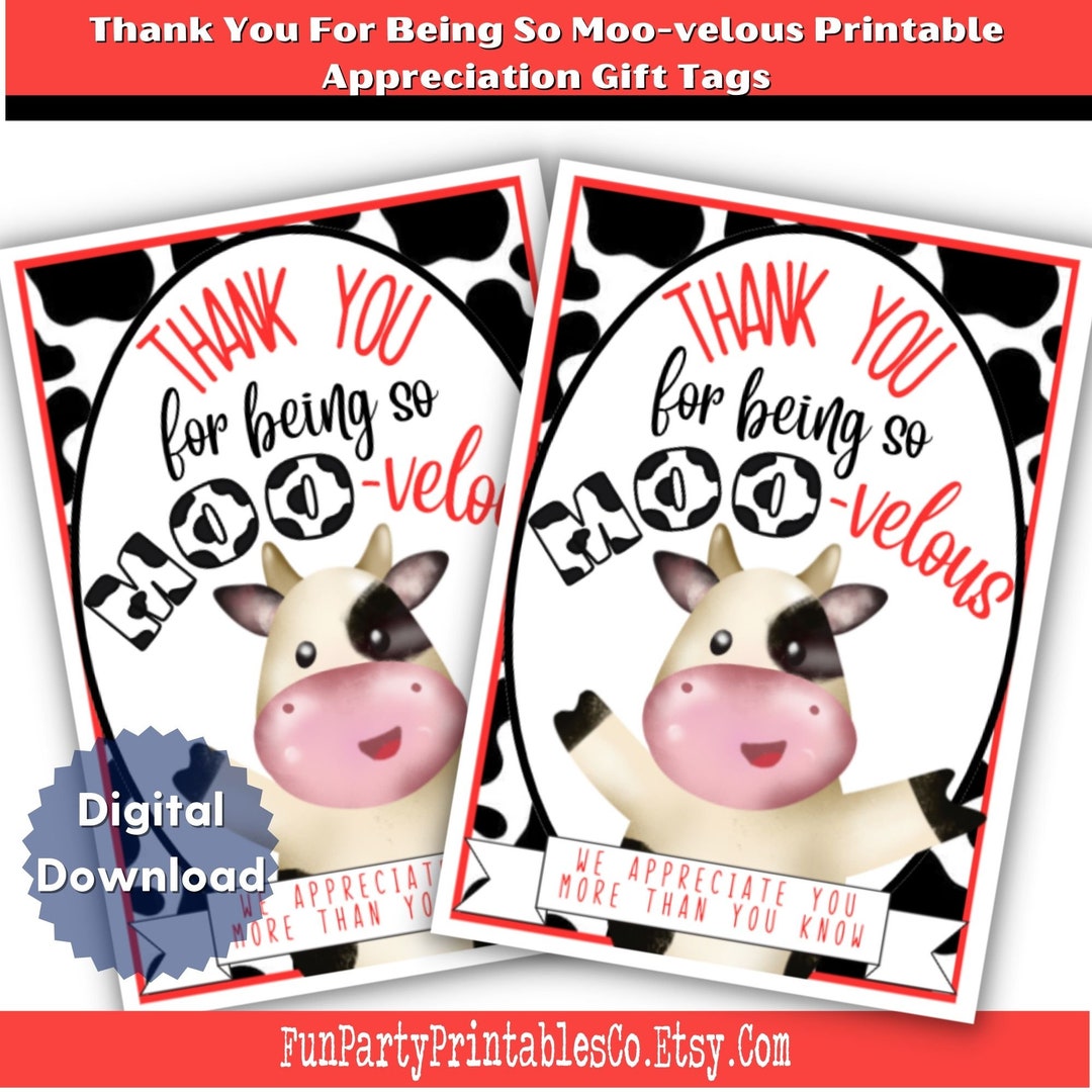 Moo-velous Appreciation Gift Tags, Employee Appreciation Tag, Thank You ...
