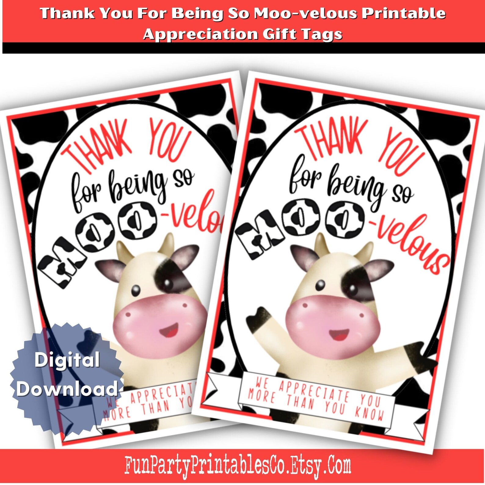 Moo-velous Appreciation Gift Tags, Employee Appreciation Tag, Thank You ...