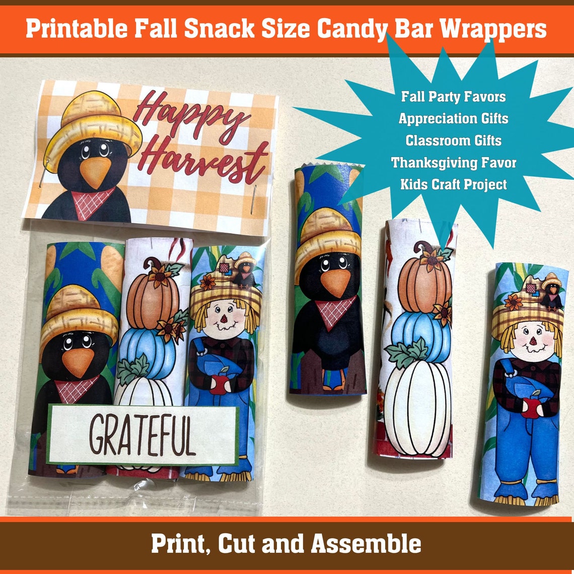 Printable Fall Candy Bar Wrappers: Scarecrow, Pumpkin, Crow (digital ...