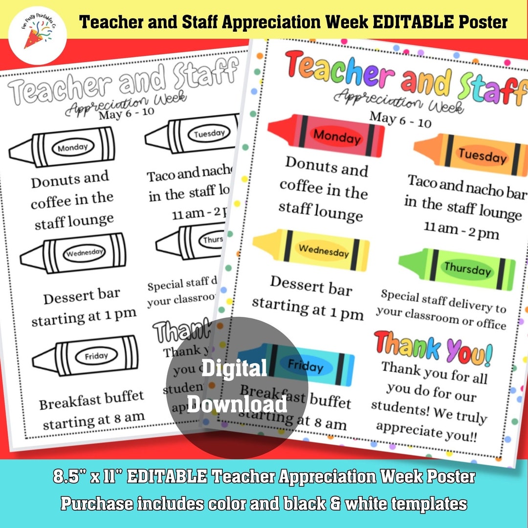 Rainbow Crayon Teacher Appreciation Week Itinerary Poster (digital ...