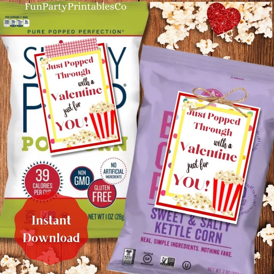Popcorn Valentine Tag, Kids Printable Valentine's Day Cards, Classroom ...