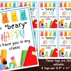 Beary Happy Back to School Gift Tags: Printable Bear Candy Tags (PDF ...