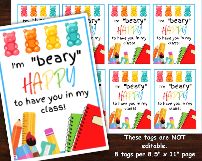 Beary Happy Back to School Gift Tags: Printable Bear Candy Tags (PDF ...