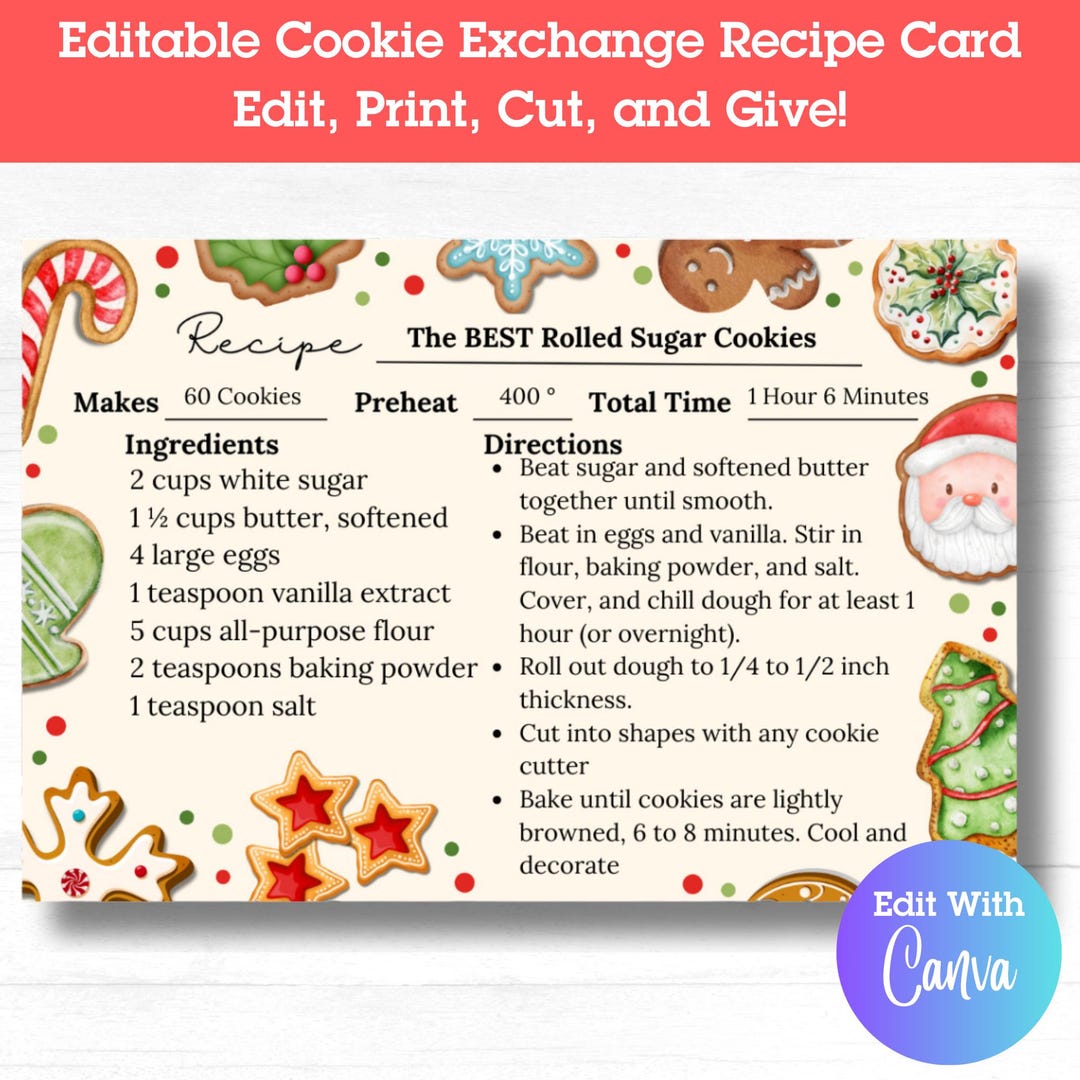 Christmas Cookie Exchange Recipe Cards: Editable Holiday Baking ...