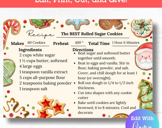 Printable Christmas Recipe Card - Editable Recipe Card Template - 4x6 ...