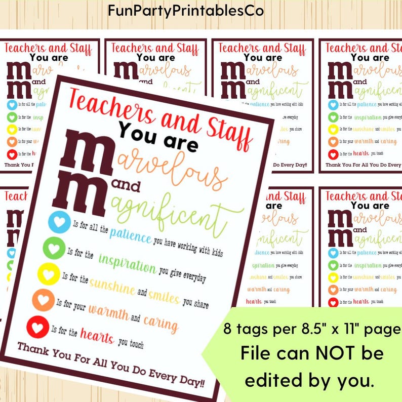 Marvelous Magnificent Teacher Appreciation Gift Tags (digital Download ...