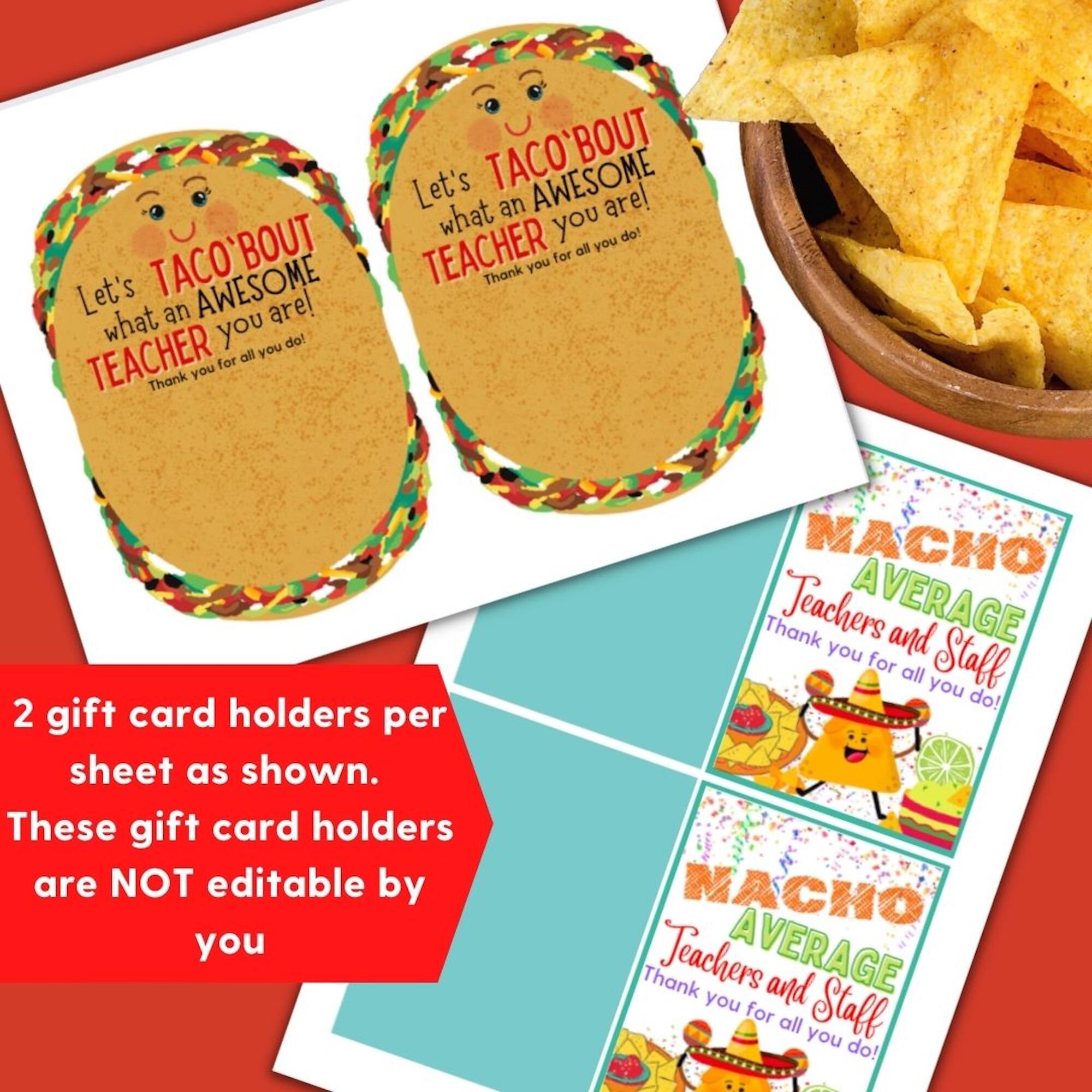Taco and Nacho Teacher Gift Card Holder Printable Instant - Etsy