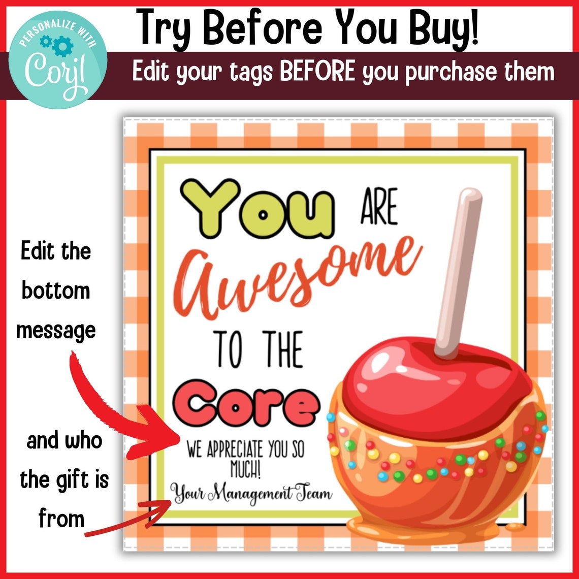 Carmel Apple Editable Gift Tags, Employee Appreciation Tags, You Are ...
