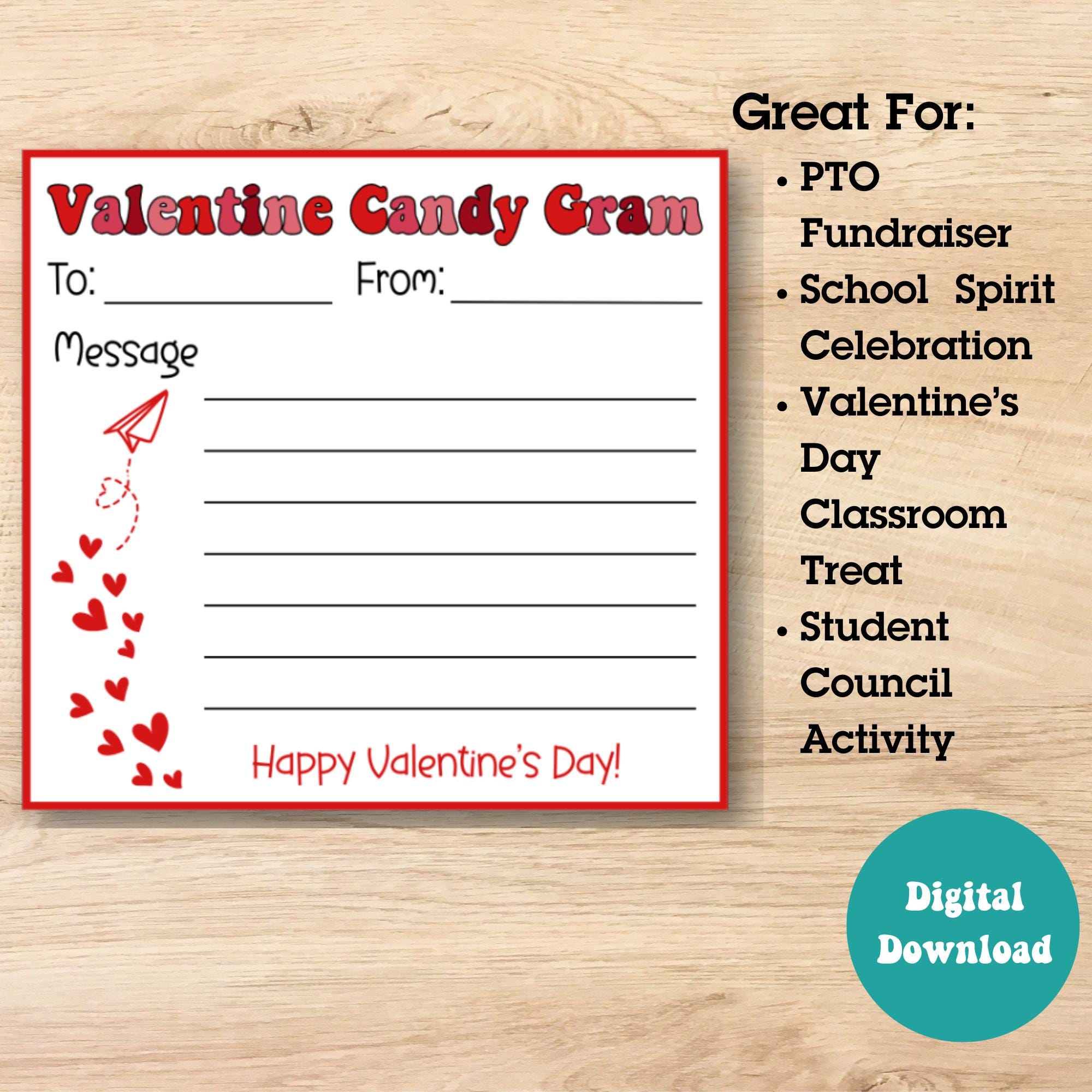 Valentine's Day Candy Gram Printable: School Fundraiser Cards (digital ...